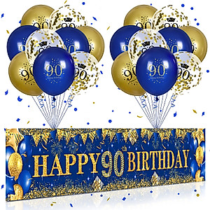 90th Birthday Decorations for Men Women Blue and Gold,Navy Blue Gold Birthday Party Yard Banner 18 PCS 90th Happy Birthday Balloons for 90th Anniversary Birthday Party Supplies Christmas Outdoor Decor