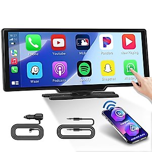Hikity Portable Wireless Apple Carplay Android Auto Car Stereo, 10.26" HD IPS Touch Screen Portable Car Radio with Bluetooth Hands-Free/Mirror Link/GPS Navigation/Voice Control for All Vehicles