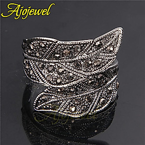 Ajojewel Black Rhinestone Leaf Wide Ring Women Vintage Jewelry Ladies Rings (9) (9)