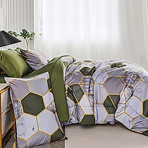 PERFEMET 8 Pieces Green King Comforter Set Geometric Marble Bedding Sets King Size Hexagon Honeycomb Print Bed in A Bag Soft Lightweight Bed Comforter Sets with Sheets (Green, King)