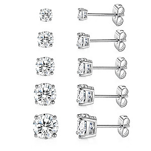 18K Gold Plated 4 Prong Graduated Round Clear Cubic Zirconia Stud Earring Set for Women (5 Pairs) (A-white gold plated)