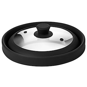 Microwave Glass Plate Cover Lid - Vented and Collapsible Design with A Safe and Easy Grip Silicone Handle – 10.5 Inch Diameter (BLACK)