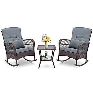 ORALNER 3 Pieces Patio Furniture Wicker Rocker Set, Outdoor Rocking Chairs with Cushions, Pillows, Glass Coffee Table, Rattan Bistro Set for Balcony Front Porch Poolside Garden Deck (Grey)