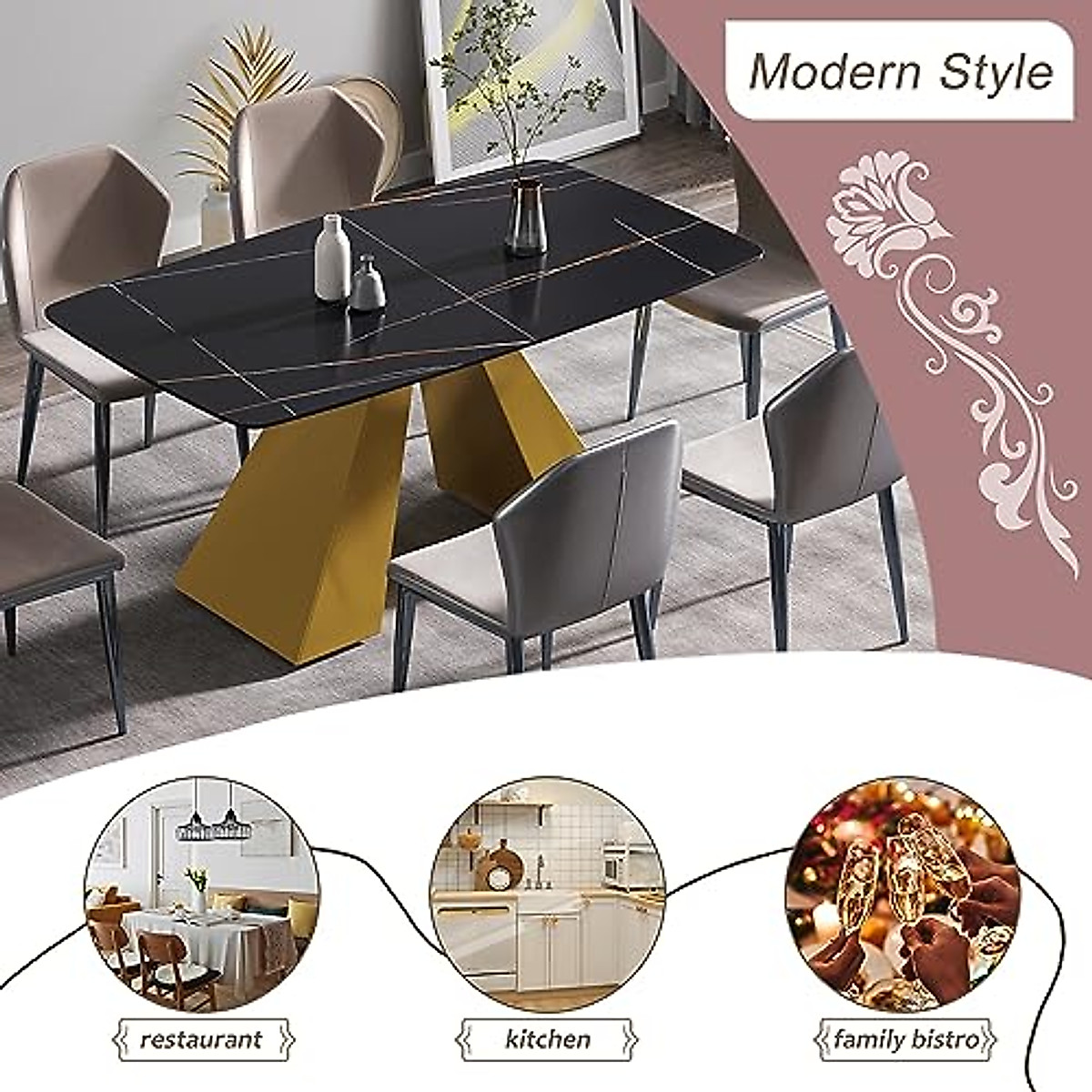 Modern Kitchen Dining Table, 63" Rectangular Sintered Stone Tabletop Dining Table with Gold Carbon Steel Table Legs, Kitchen Table Dining Room Table for Dining Room Living Room, Black(Without Chairs)
