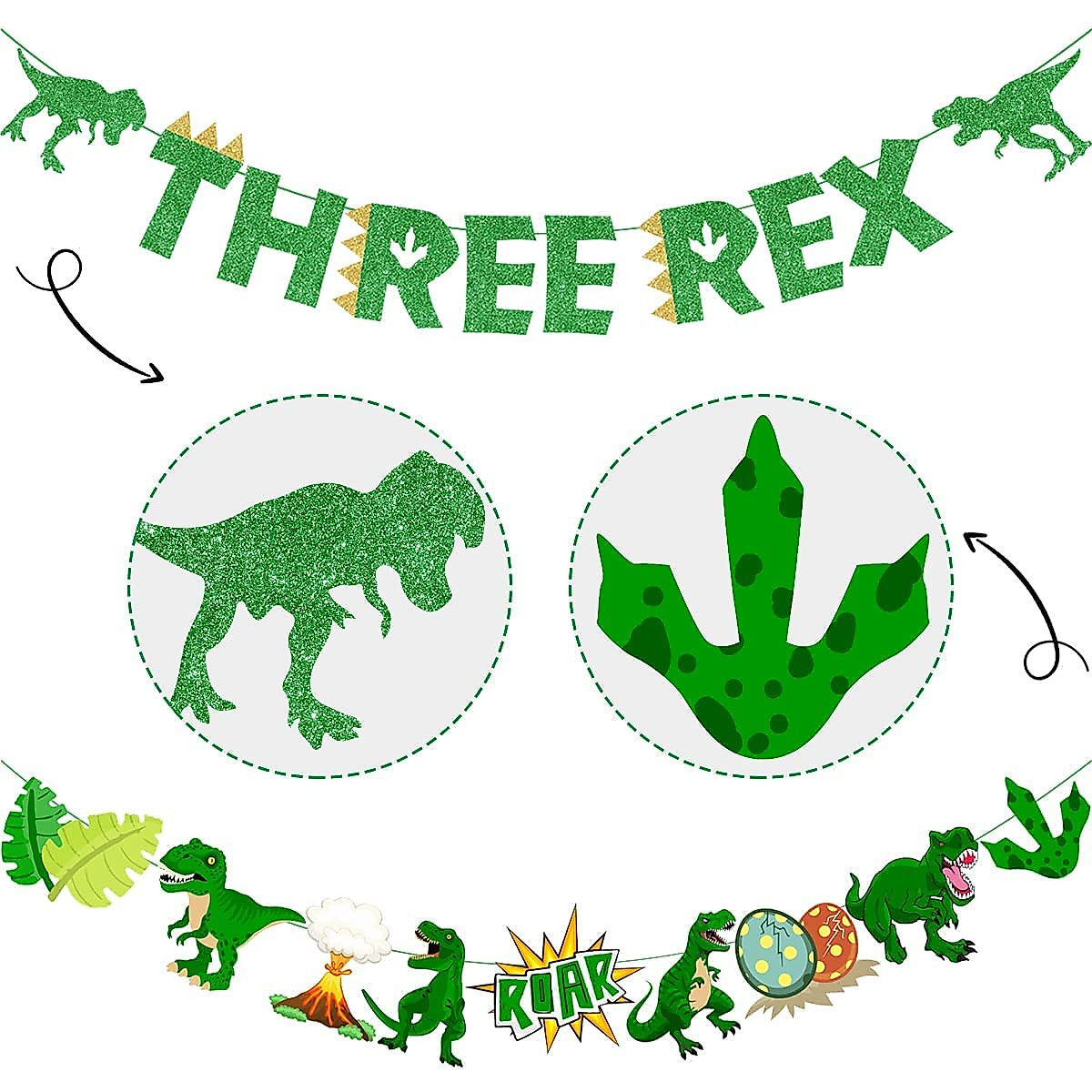 Dinosaur 3rd Birthday Decorations, 3 Rex Birthday Party Supplies - Three Rex Banner, Cake&Cupcake Toppers, Dinosaur Balloons,Temporary Tattoos for Roar I’m 3 Boys Girls Birthday