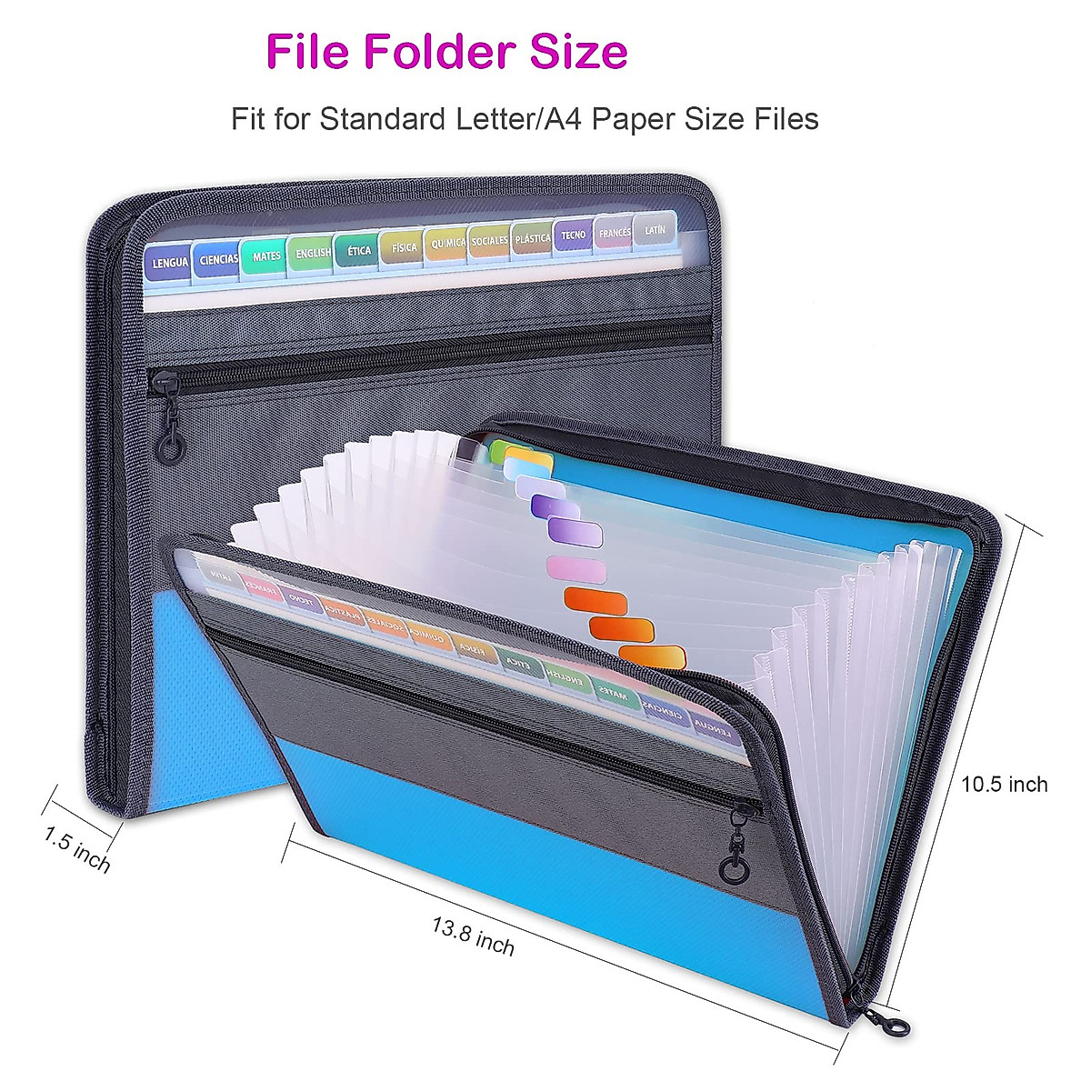 MEGREZ Expanding File Folder with 13 Pockets, A4 Paper File Folder with Zipper Color Labels, Waterproof Accordion File Folder Organizer for Home Office, Blue