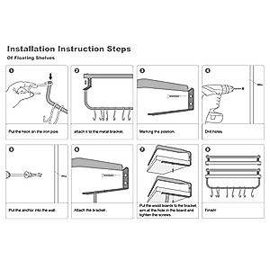 Dahey Wall Mounted Floating Shelves Storage Shelf Modern Wood and Metal Spice Rack with Towel Bar and 8 Removable Hooks for Organize Utensils Mugs Carbonized or Plant Holder Kitchen Bathroom, 2 Pack