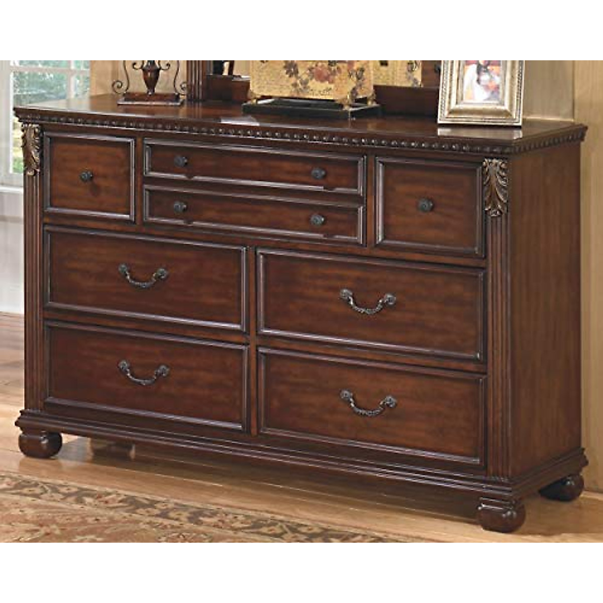 Signature Design by Ashley Leahlyn Traditional Ornate 7 Drawer Dresser, Warm Brown & Leahlyn Traditional 2 Drawer Nightstand, Warm Brown