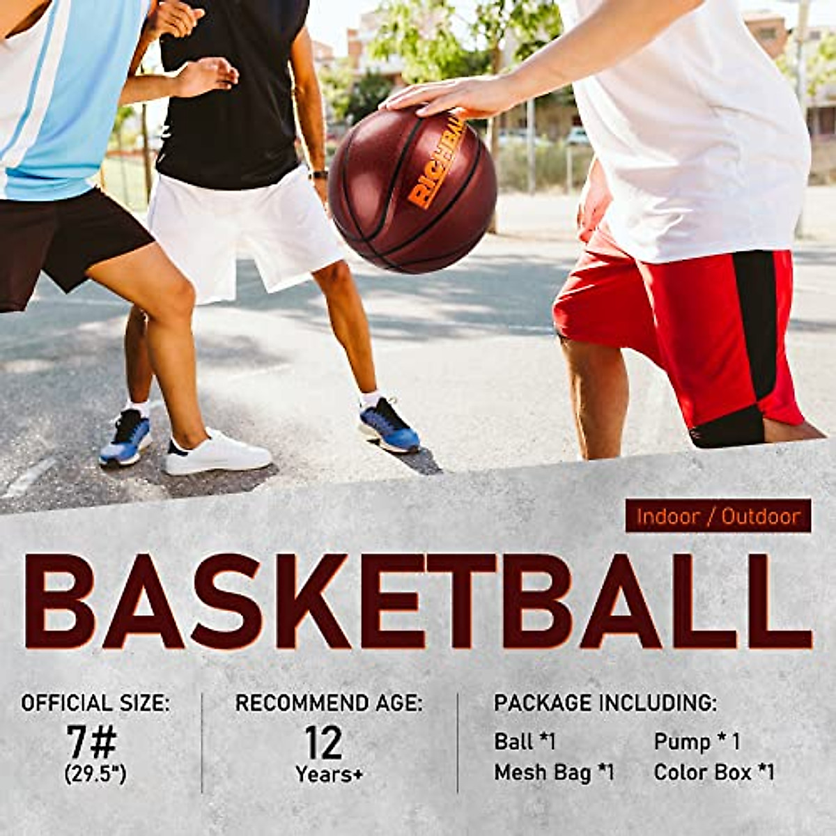 Richball Basketball Official Size 7 (29.5"), Composite Leather Basketball for Adult, Indoor Outdoor Street Men Basketball Games with Pump