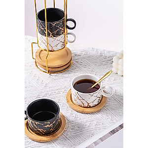 Jusalpha Golden Hand Print Teacup Coffee Cup with Bamboo Saucer Set FDTCS19 (4, Black)
