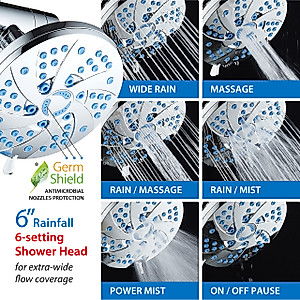 High Pressure 6-in-1 Aquassage by AquaCare - 76-mode 3-way Combo, Showerhead, Hand Shower, Body Brush, Hair Brush & Arm in One! Two Brackets, Extra-long 6 foot Stainless Steel Hose, Brush Head Holder