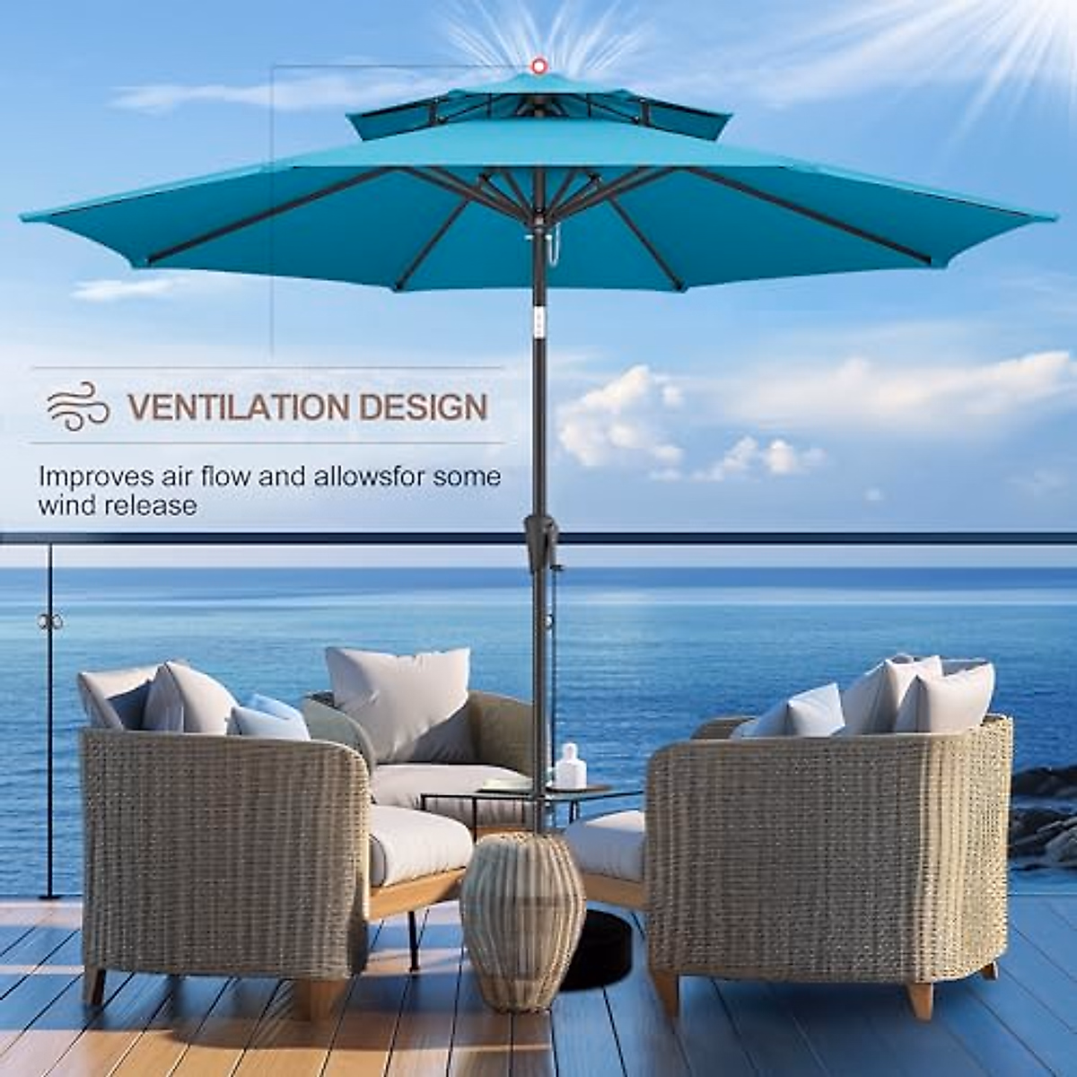 FLAME&SHADE 9 ft Double Top Outdoor Market Patio Table Umbrella with Tilt, Aqua Blue