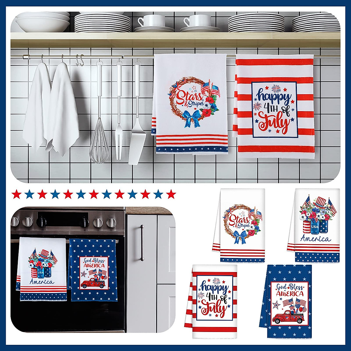 Kajaia 4 Pcs Labor Day Kitchen Towels 17.72 x 23.62 Inch Patriotic Stars and Stripes Dish Towels 4th of July Hand Towels American Flag Dish Towel Red White Blue Tea Towel for Bathroom Room Decorations