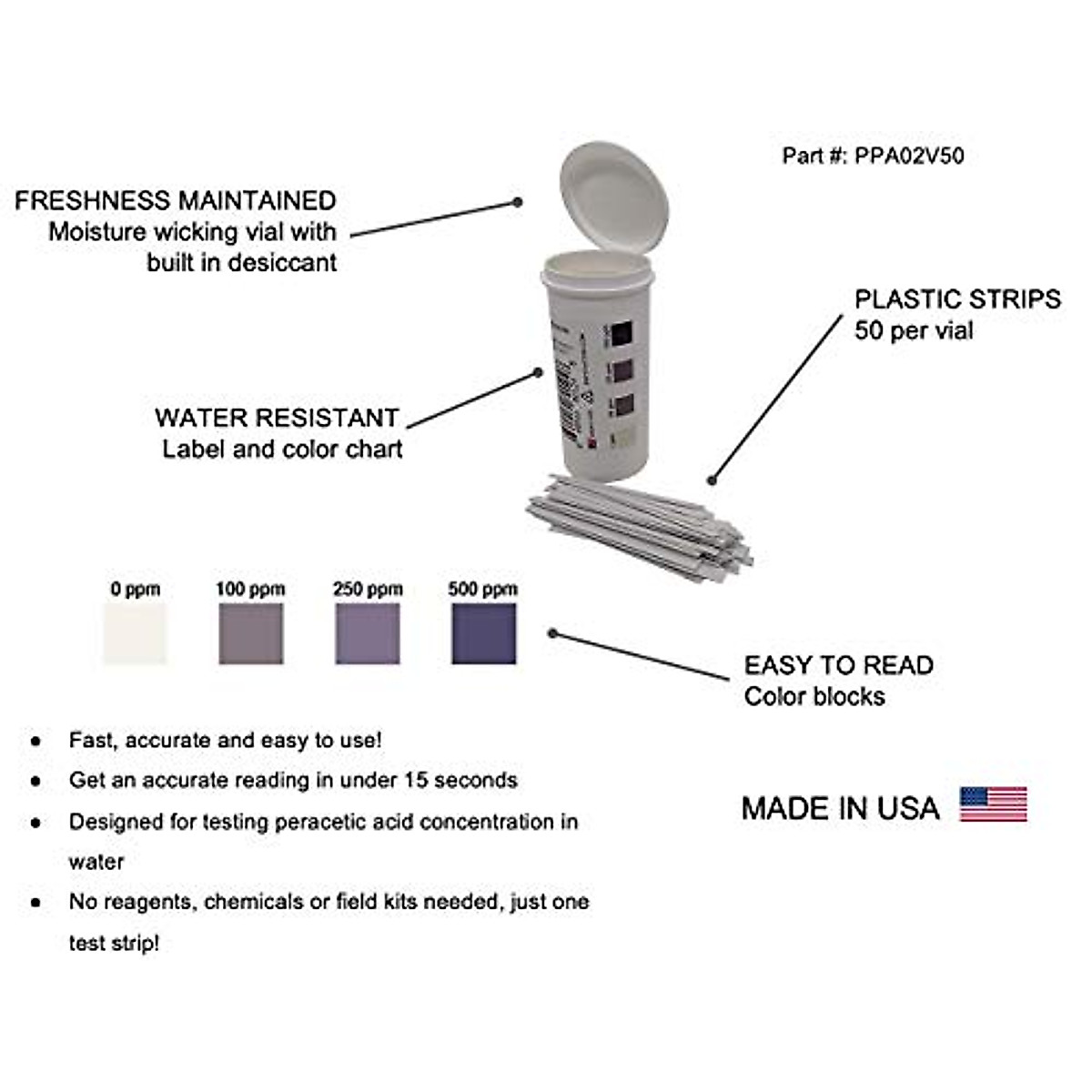 Peracetic Acid Test Strips, High Level, 0-500 ppm [Vial of 50 Strips]