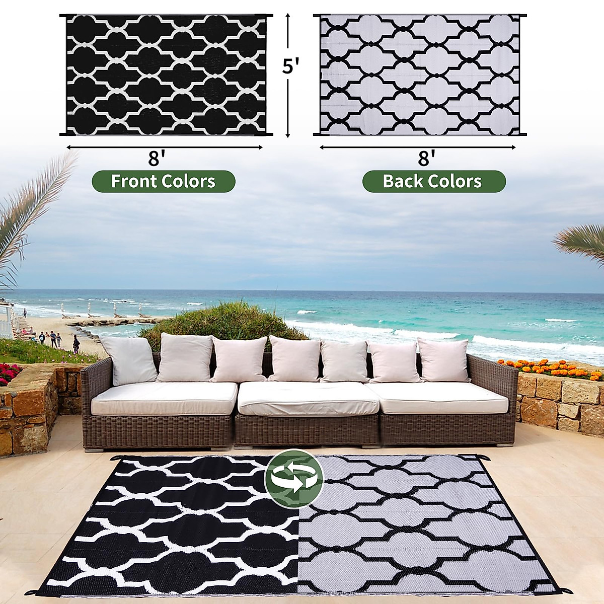 Universe Green Outdoor Rug 5'x8', Outdoor Plastic Straw Rug, Reversible Mats, Area Rug Decor, Waterproof, Portable, Camping Mat Black