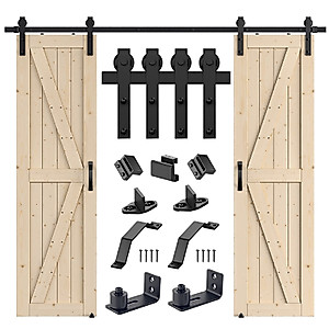 SMARTSTANDARD 24in x 84in Double Barn Door with 8ft Sliding Barn Door Hardware Kit & Handle, Pre-Drilled Ready to Assemble, DIY Unfinished Solid Spruce Wood Panelled Slab, K-Frame