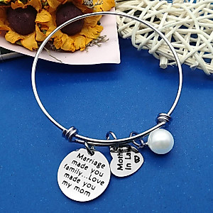 Mother-In-Law Gift Charm Bracelet Adjustable Marriage Made You Family Love Made You My Mom Wire Bangle Bracelet Keychain for Stepmom Mother of the Groom Mother of the Bride Birthday Wedding