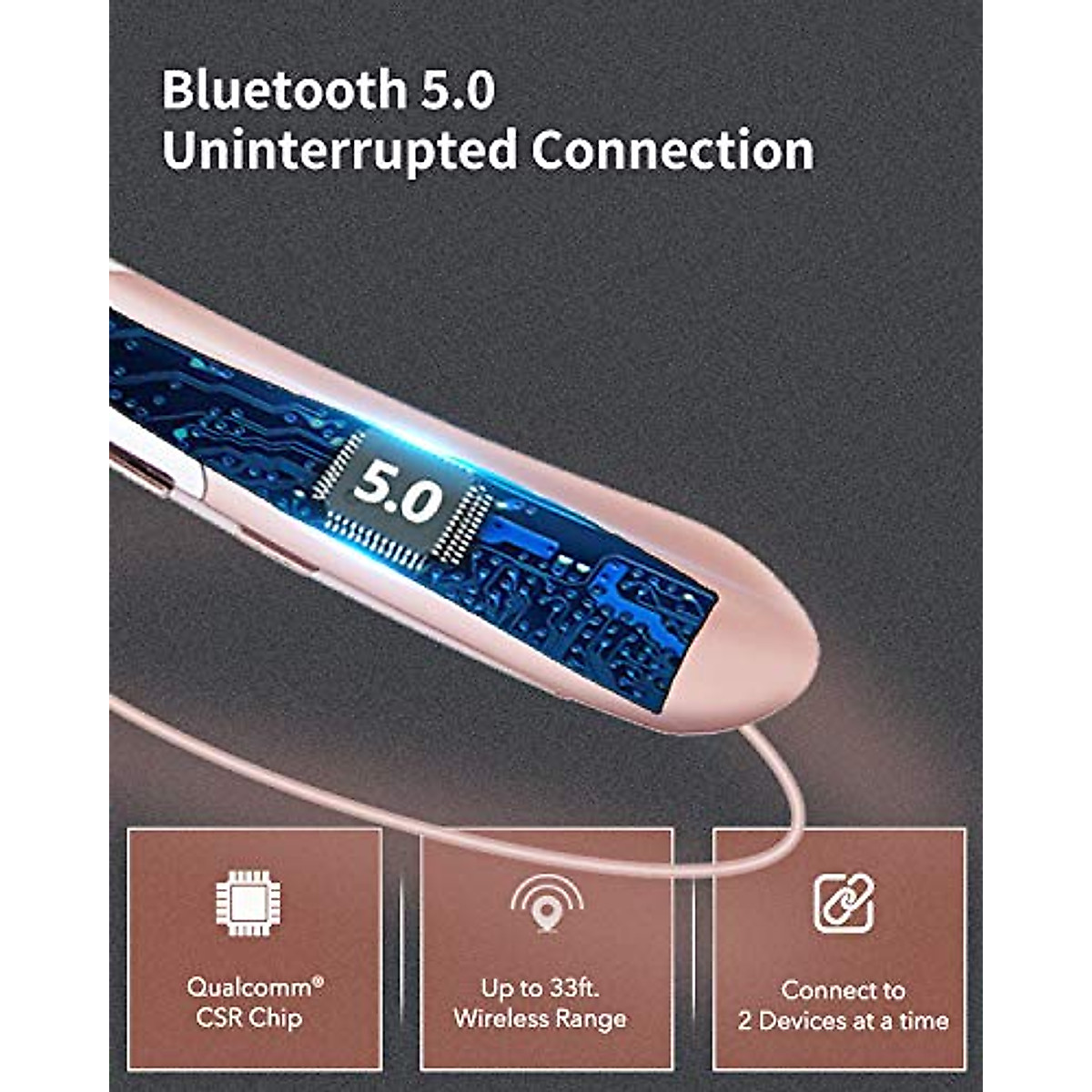 Neckband Bluetooth Headphones, Wireless Bluetooth Headphones with Retractable Earbuds, Noise Cancelling 3D Sound Surround Personal Sport Headset Call Vibrate Alert Earphones with Mic (Rose Gold)