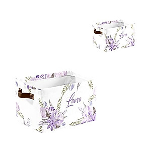 Purple Flower Personalized Custom Name Waterproof Storage Boxs Baskets Clothts Towel Book for Bathroom Office 1 Pack