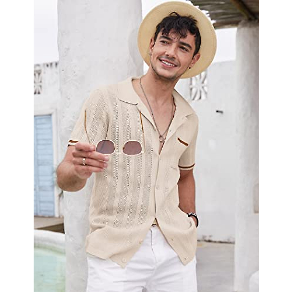 COOFANDY Knit Polo Shirts Short Sleeve for Men Summer Casual Beach Button Down Shirt Light Brown