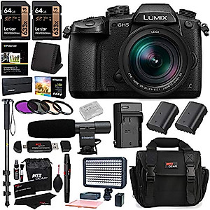 PANASONIC LUMIX GH5 Mirrorless Camera with 12-60mm Lens (DC-GH5LK), 2X 64GB Memory Cards, 2X Spare Battery, Professional Video LED Light, Accessory Bundle