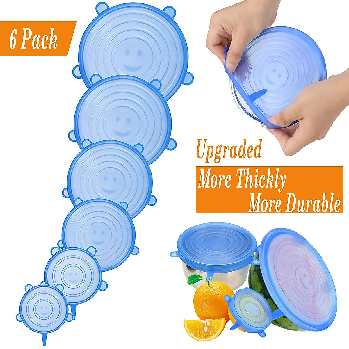 Silicone Stretch Lids Upgraded 6 Pack Various Sizes Rubber Stretchy Miracle Lid Reusable Elastic Bowl Cover for Food Storage Leftover Savers Fit Container Dish Cup (6, Blue)