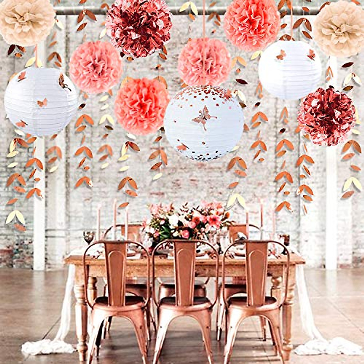 Rose Gold Party Decoration Blush Pink Tissue Flowers Pom Pom Paper Lantern with Leaf Garland 3D Butterfly for Wedding Engagement Birthday Baby Bridal Shower Bachelorette Tea Party Decorations Supplies