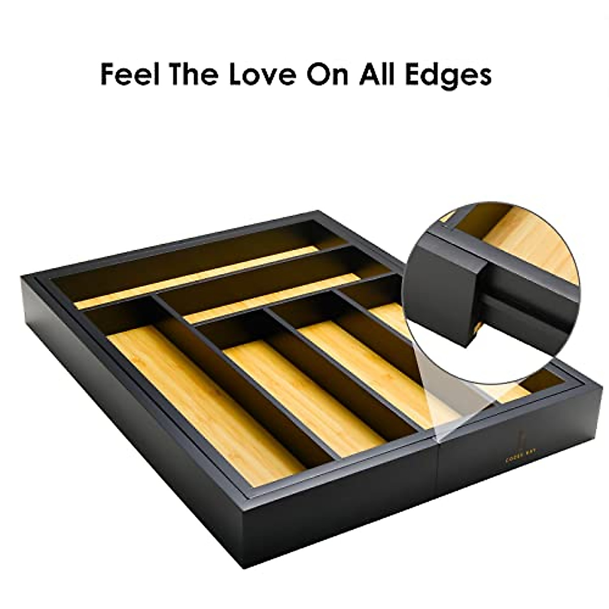 Cozee Bay Bamboo drawer organizer, utensil holder, silverware organizer, and adjustable cutlery tray with drawer dividers, for kitchen, office desk, and bathroom storage (Black)