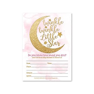 Hadley Designs 25 Twinkle Twinkle Girl Sprinkle Baby Shower Invitations For Girl, Coed Little Stars Gender Reveal Theme, Cute Moon Clouds DIY Fill In Blank Printable Card, Pink Gold Party Supplies