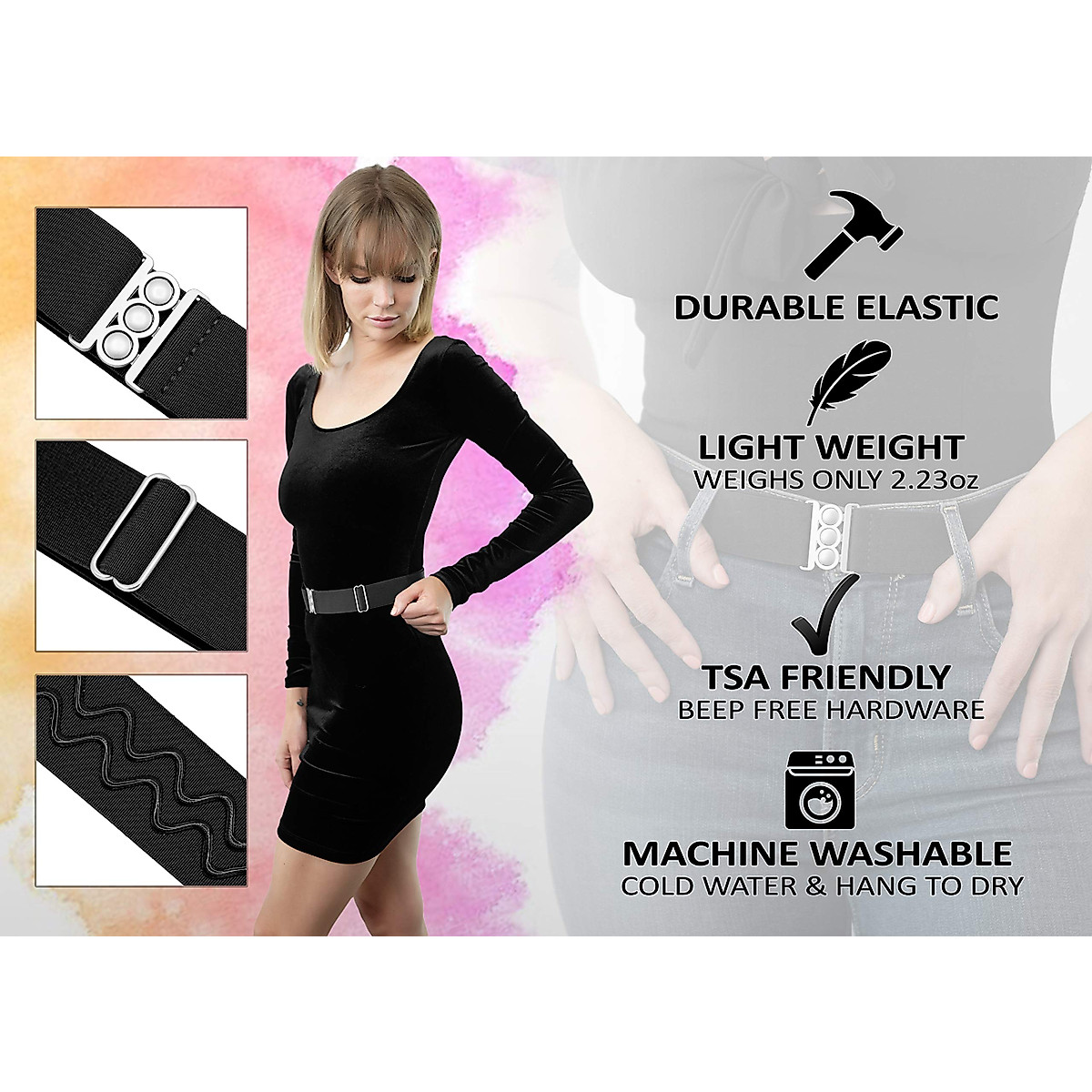 ONE-BELT No Show Invisible Elastic Belts for Women | Non Slip | Fits waist upto 50 Inch (Matte Black - BLACK)