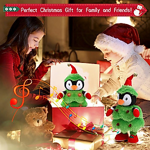 ACETOP LED Musical Christmas Tree Penguin Stuffed Animal Repeats What You Say Light up Soft Plush Toy Singing Dancing Talking Record Mimicking Twisting Interactive Animated Dolls Decoration Xmas Gifts