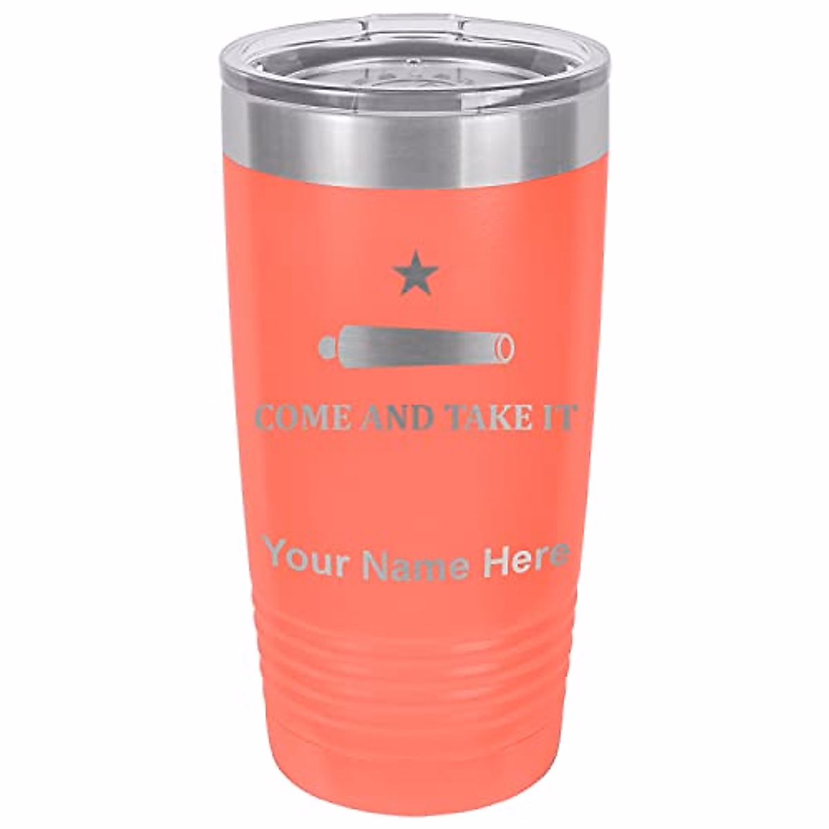 LaserGram 20oz Vacuum Insulated Tumbler Mug, Texas Come and Take It Flag, Personalized Engraving Included (Coral)