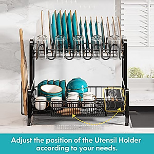 romision Dish Drying Rack and Drainboard Set, 2 Tier Large Stainless Steel Sink Organizer Dish Racks with Cups Holder, Utensil Holder, Dish Strainer Shelf for Kitchen Counter, Black