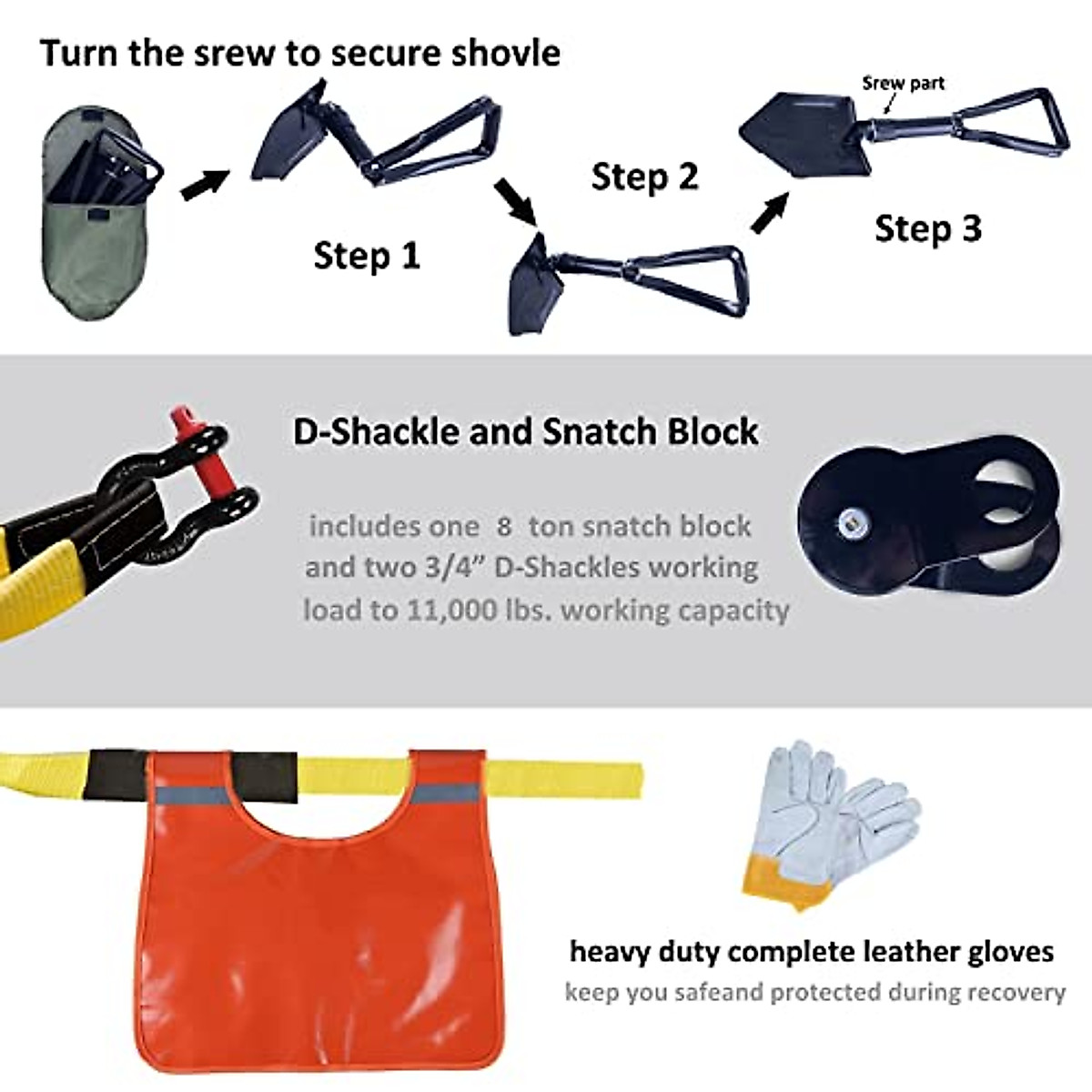 Autofonder 11Pcs Recovery Gear Offroad 4x4 kit-3 Pk Snatch Straps+2 D-Shackles+Snatch Block+Folding Survival Shovel+Tire Deflator+ Leather Gloves+Winch Dampener +Gear Bag- Tow Strap Recovery Set