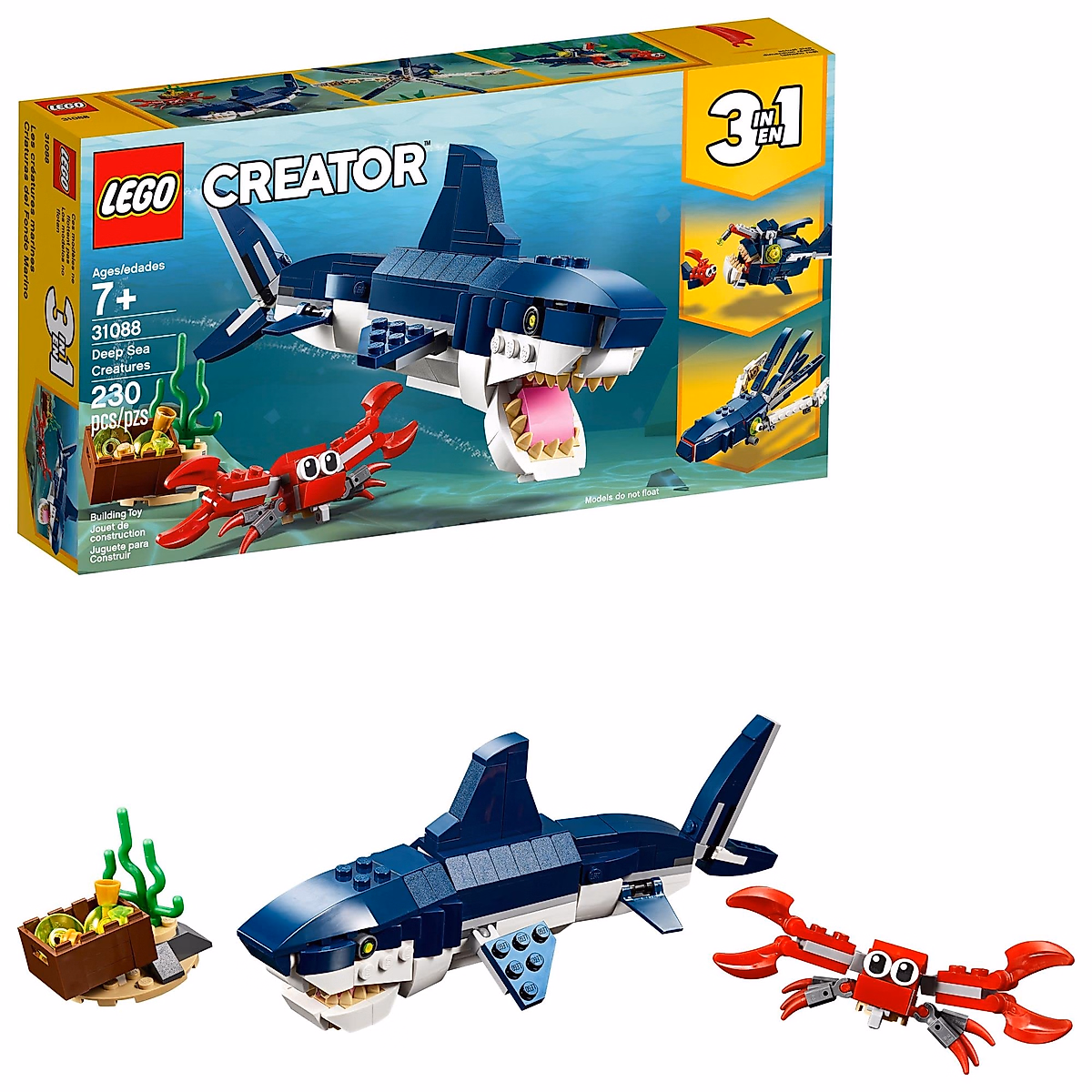 LEGO Creator 3 in 1 Deep Sea Creatures, Transforms from Shark and Crab to Squid to Angler Fish, Sea Animal Toys, Gifts for 7 Plus Year Old Girls and Boys, 31088