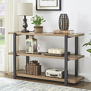 FOLUBAN Industrial Console Sofa Table, Rustic Entryway/Hallway Table with 3-Tier Open Shelf for Living Room, Oak