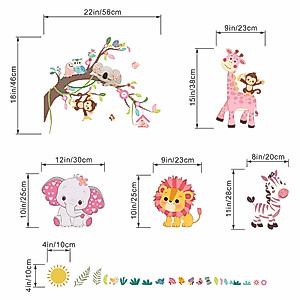 Amimagen Pink Forest Baby Animals Wall Decals - Elephant Lion Giraffe Monkey Zebra Wall Stickers - Nursery Kids Girls Boys Room Daycare Playroom Classroom Wall Decor