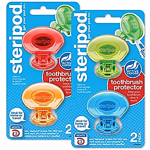 Steripod Clip-On Toothbrush Protector, Keeps Toothbrush Fresh and Clean, Fits Most Manual and Electric Toothbrushes, Blue, Green, Red, Orange, 4 Count