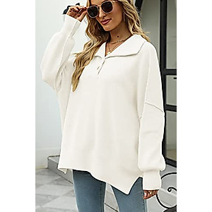 LILLUSORY Women's Long Sleeve Button Up Drop Shoulder Sweaters 2023 Fall Oversized Slit Side Knit Pullover Sweater White