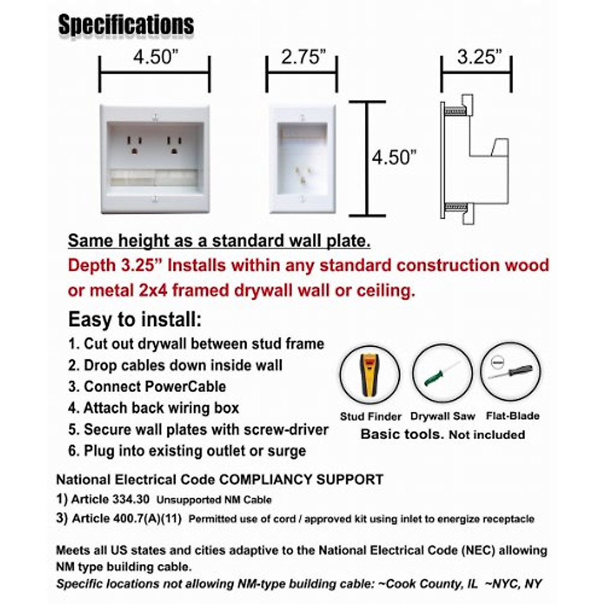PowerBridge TWO-PRO-6 Dual Power Outlet Professional Grade Recessed In-Wall Cable Management System for Wall-Mounted Flat Screen LED, LCD, and Plasma TV’s