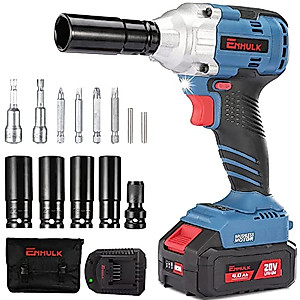Enhulk Cordless Impact Wrench 1/2, 1/2 Impact Gun Brushless w/Max Torque 300 ft-lbs (400N.m), 20V Electric Impact Wrench with 4.0Ah Battery&Charger, Reverse Brake Stop, Variable Speed, for car repairs