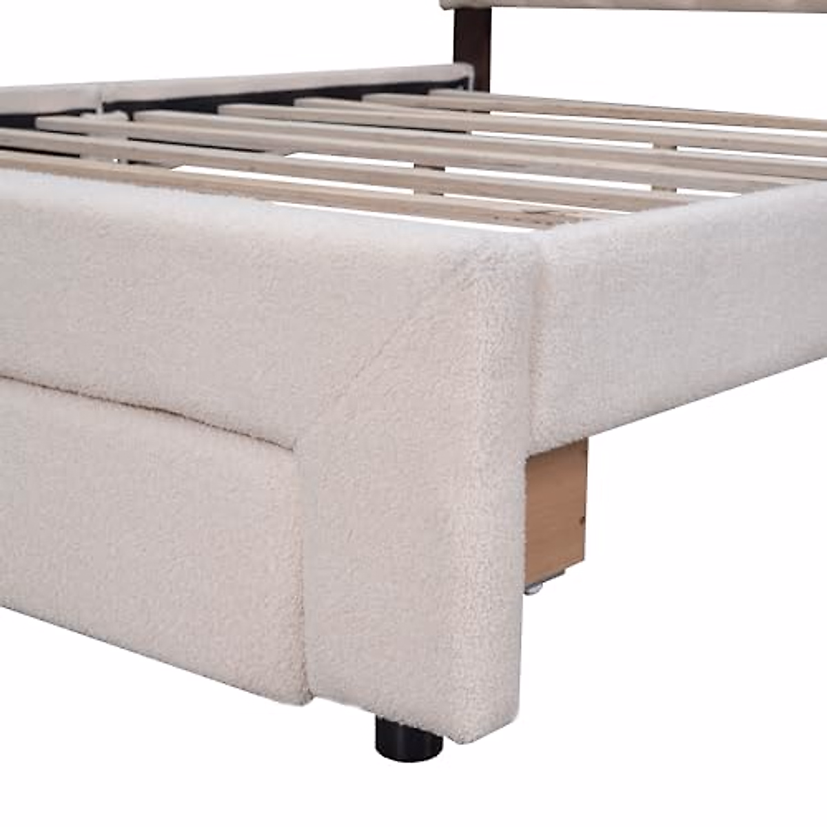 HAUSHECK Upholstered Bed Frame Queen Size with Teddy Fleece Headboard, Big Drawer, Smart LED Lights and 2 USB Ports, Modern Queen Platform Bed Frame w/Wooden Slats Support, No Box Spring Needed