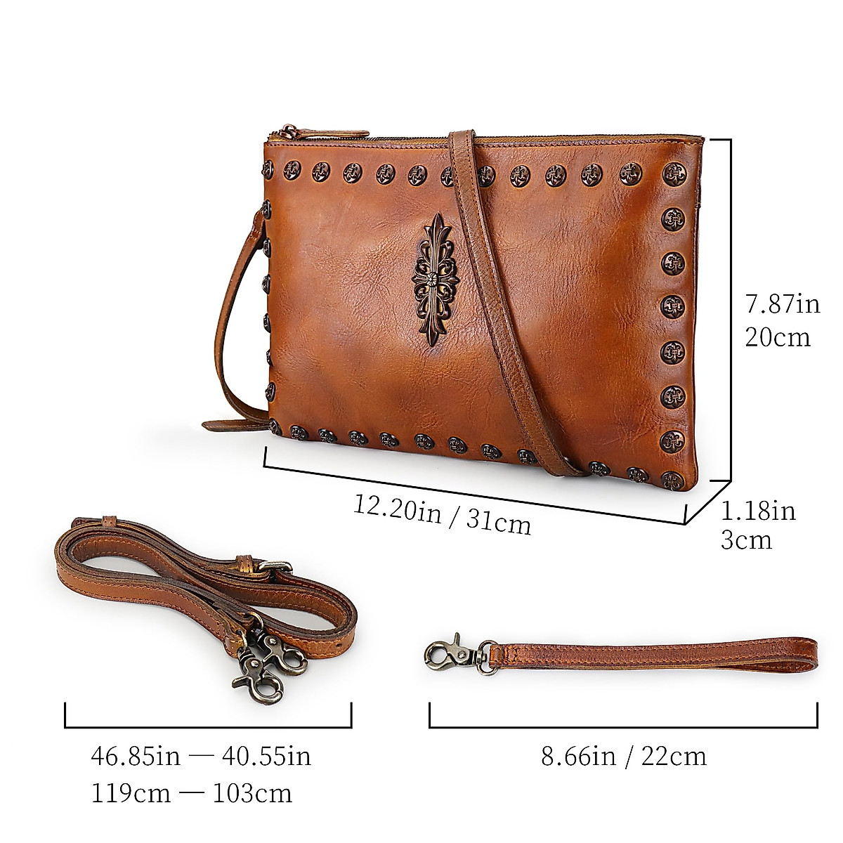 LETEULO Womens Crossbody Bag Leather Handmade Shoulder Bag Clutch Wristlet Handbags Purse (Brown L)