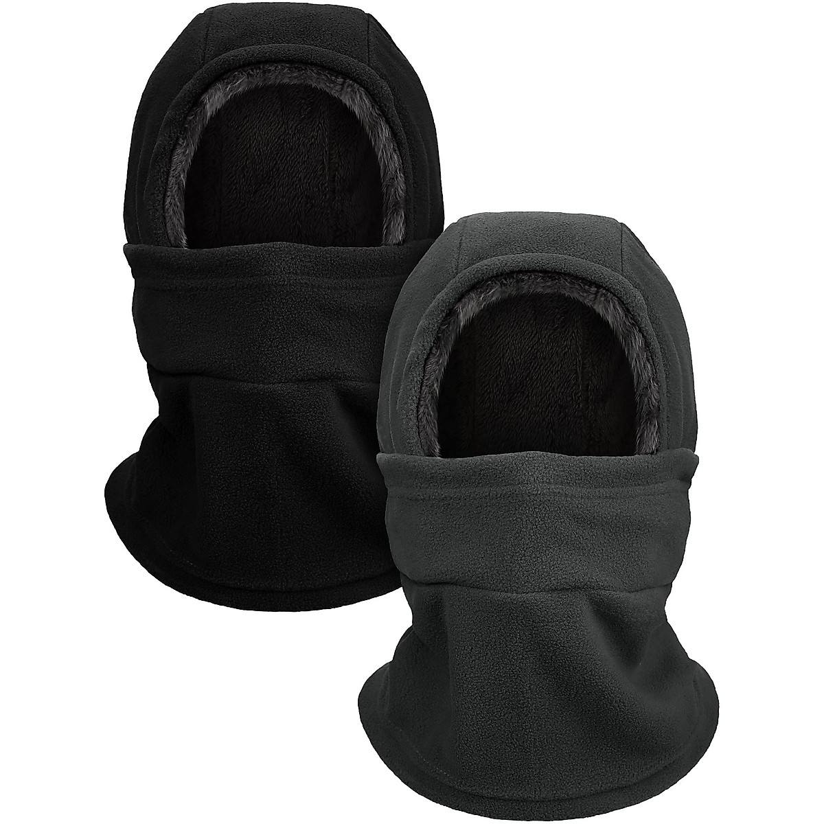 Winter Balaclava Hat Fleece Full Face Covering Scarf with Drawstring (Grey, Black, 2)