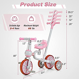 OLAKIDS Toddler Tricycle, 5 in 1 Kids Trike for Age 2-4 with Push Handle, Baby Bike with Adjustable Seat and Handle, Removable Pedal and Training Wheels for Boys Girls Toy Gift (Pink)