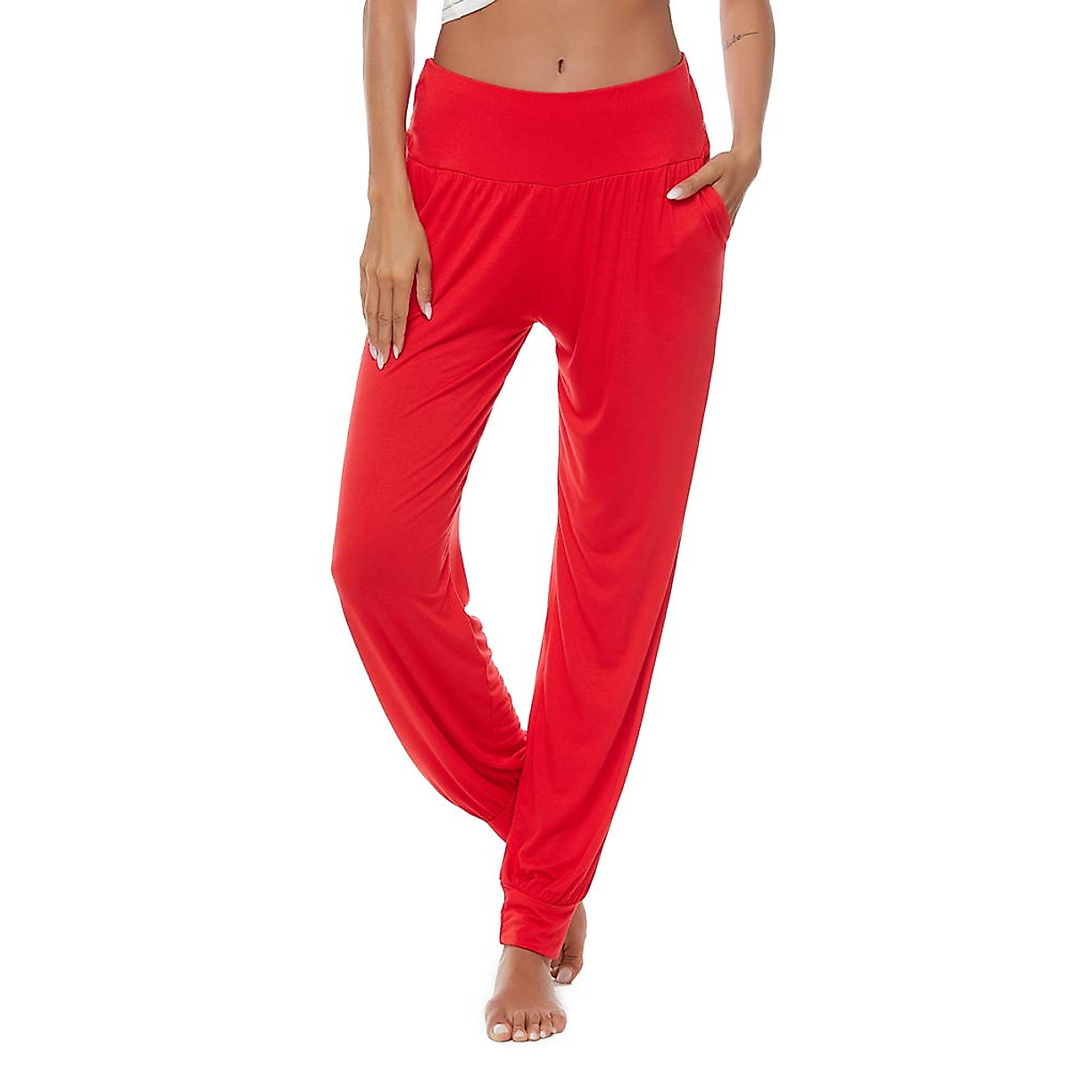 AvaCostume Women's Loose Yoga Harem Workout pants with Pockets Red S