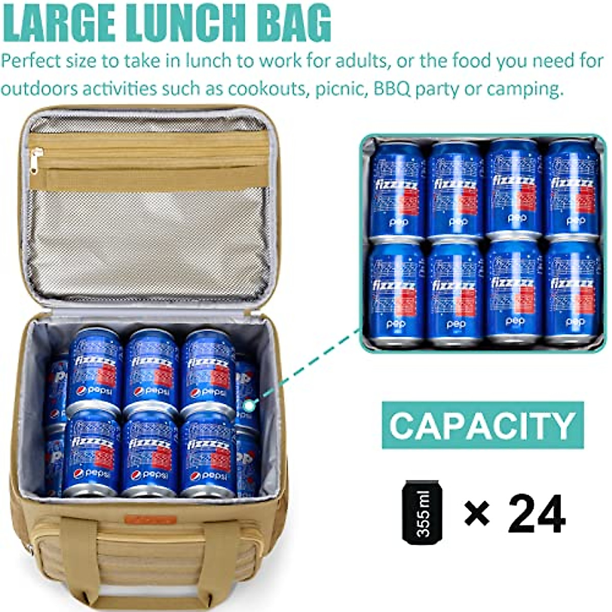 Tiblue Insulated Reusable Lunch Box for Office Work School Picnic Beach, Leakproof Freezable Cooler Bag with Adjustable Shoulder Strap (Large, Tan)