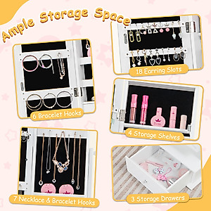 HONEY JOY Kids Jewelry Armoire Cabinet, 2-Angle Tilting Wooden Standing Jewelry Organizer with Full-length Mirror and Storage Drawers, Children Dress Up Jewelry Cabinet for Little Girls (White)