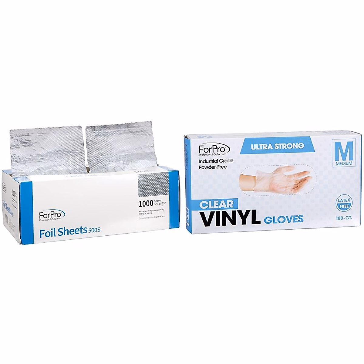 ForPro Embossed Foil Sheets 500S & ForPro Disposable Vinyl Gloves, Clear, Industrial Grade, Powder-Free, Latex-Free, Non-Sterile, Food Safe, 2.75 Mil. Palm, 3.9 Mil. Fingers, Medium, 100-Count