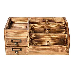 Liry Products Rustic Wooden Desktop Organizer Office Supplies Brown Tabletop Storage Cabinet Stepped Rack Multiple Compartments 2 Tier Drawers Makeup Accessory Jewelry Sorter Display Box Home Office